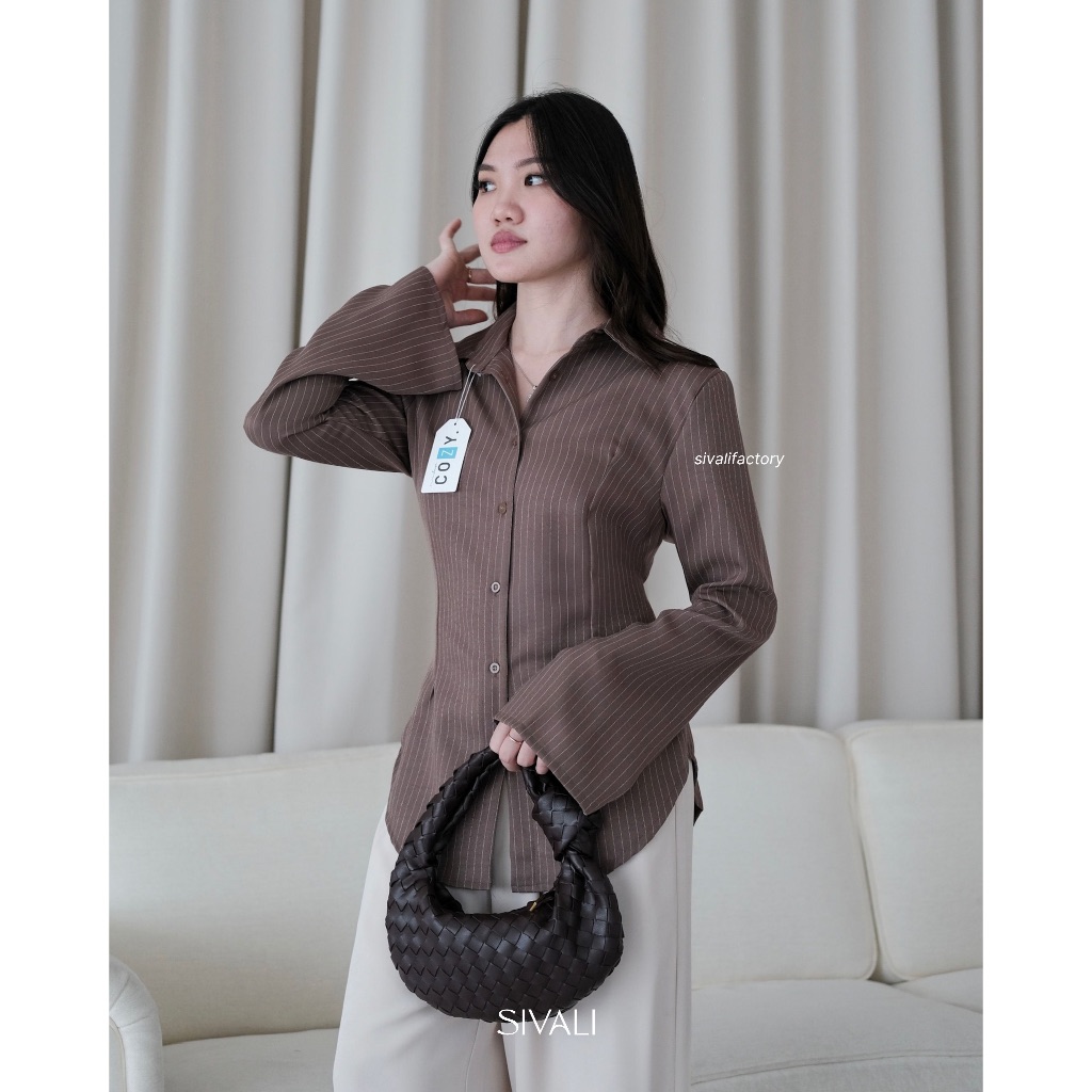 Jual SIVALI March Fitted Shirt - Kemeja Wanita Stripe Lengan Flare Panjang Casual/Kerja - Atasan ...