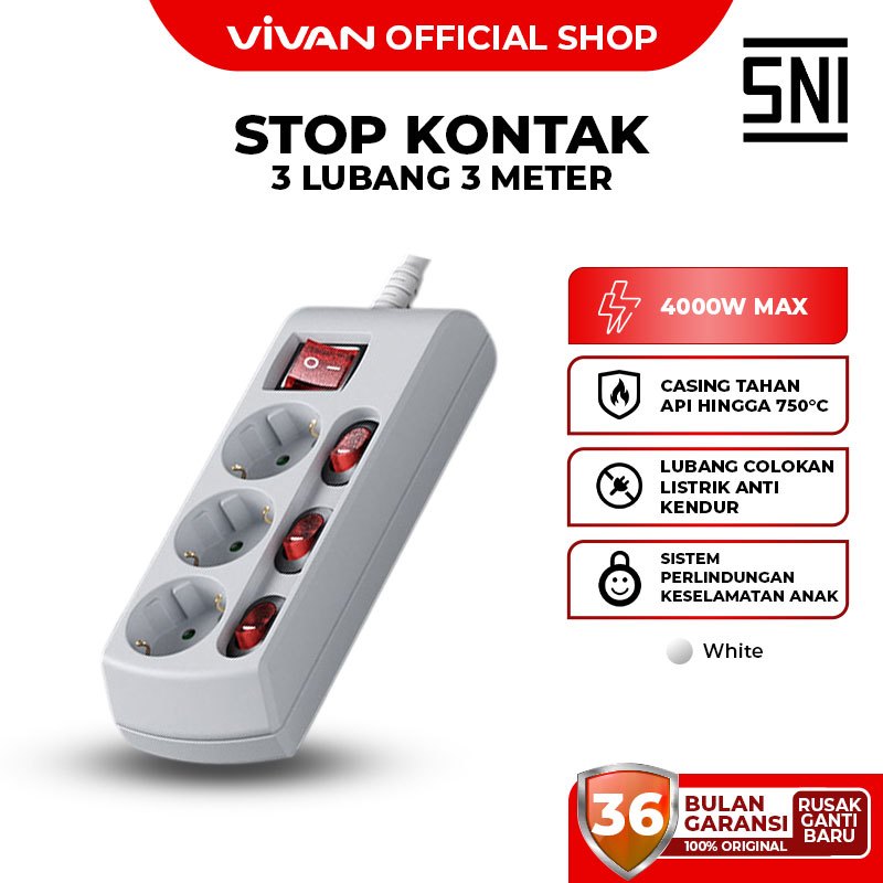 Jual [NEW] VIVAN Safety Socket 4000W Tahan Api Stop Kontak 3M VPS ...