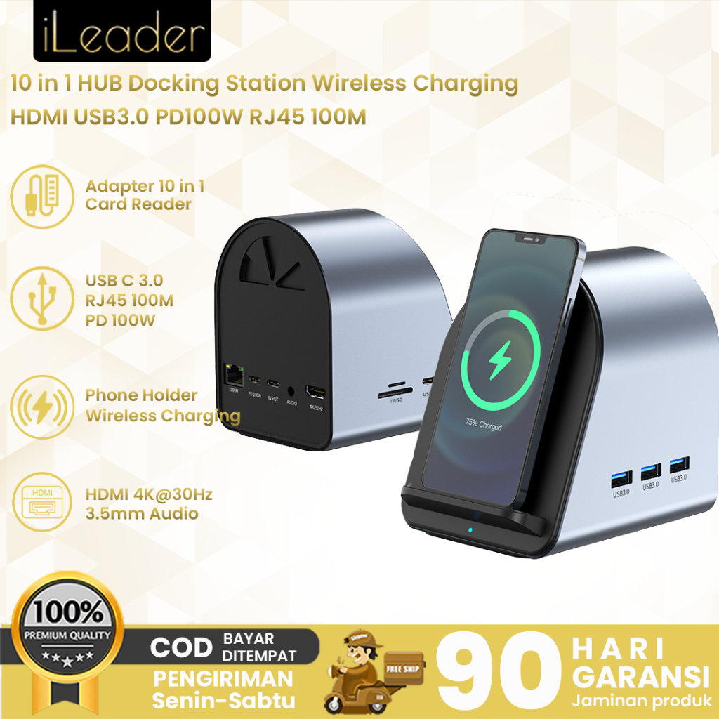 Jual iLeader 10-in-1 Docking Station 15W Wireless Charging PD 100W ...