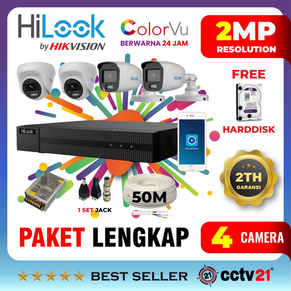 Jual Paket 4 Kamera CCTV HILOOK Colorvu 2Mp by HikVision Full Color ...