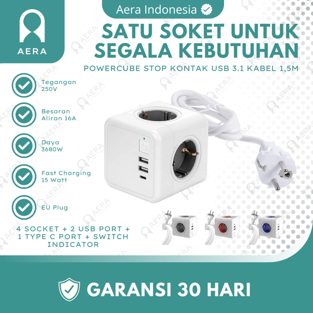Jual POWERCUBE STOP KONTAK LISTRIK | STOP KONTAK KABEL | POWERCUBE SOCKET USB 3.1 KABEL 1.5 ...