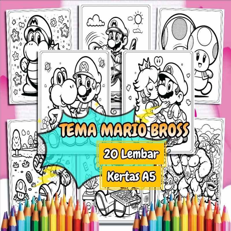 Jual 20 Lembar Kertas Mewarnai anak ( A5) - Tema SUPER MARIO BROSS ...