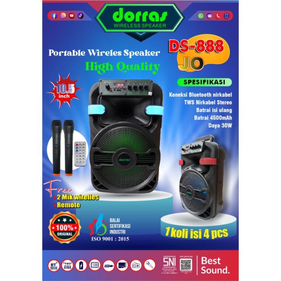 Jual Speaker 10,5" DS 888 JO Dorras Mic wireless 2 pcs/Speaker Bluetooth Karaoke/Speaker ...