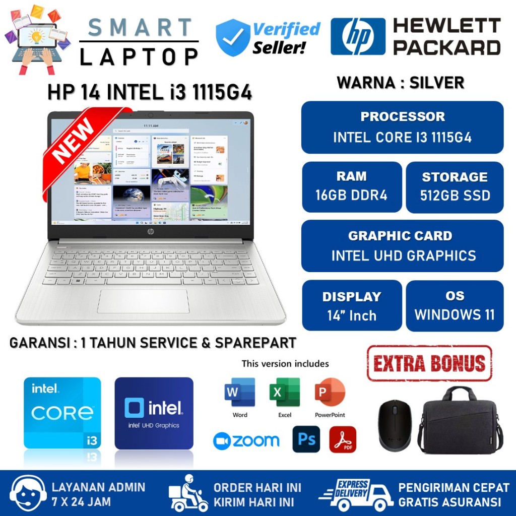 Jual Laptop Slim HP 14 Intel Core i3 1115G4 RAM 16GB 512GB SSD 14.0 ...