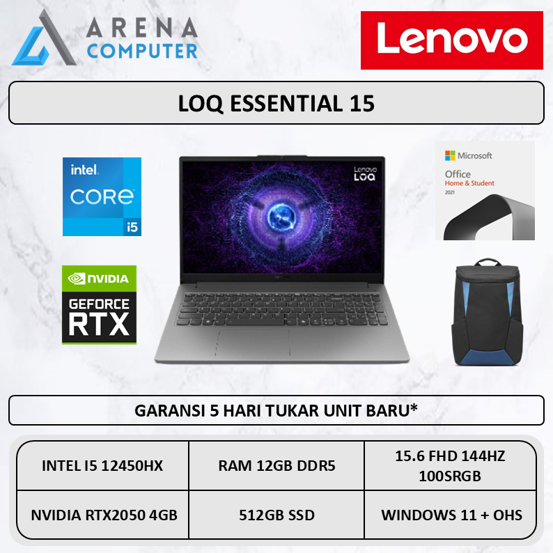 Jual Lenovo LOQ Essential 15IAX9E Intel Core i5 12450HX RTX2050 12GB ...