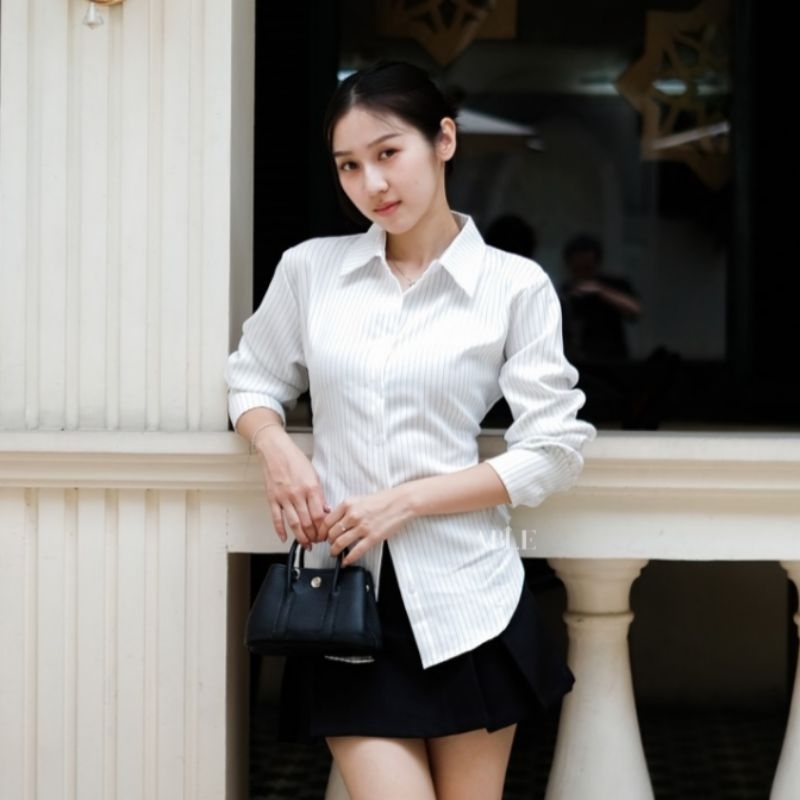Jual ABLE - Hara Top Fitted Shirt Kemeja Lengan Panjang Wanita Slim Fit Kerja Formal Salur ...