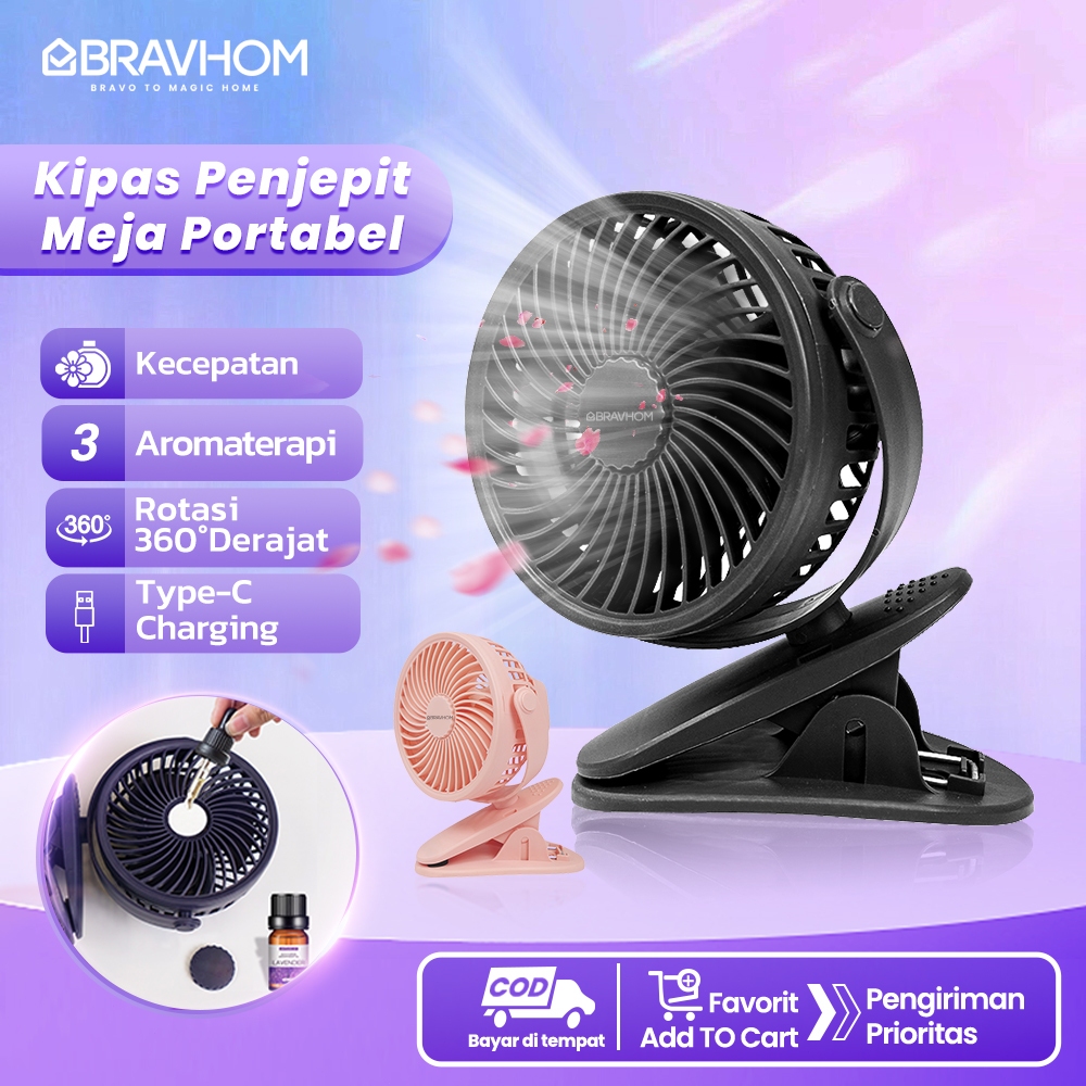 Jual BRAVHOM Kipas Angin Jepit Portable Meja Stroller Aromaterapi 360 ...