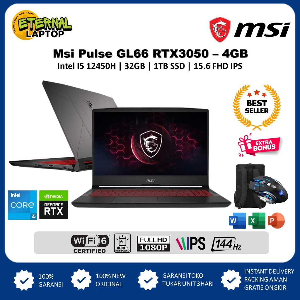Jual Laptop Gaming Msi Pulse GL66 15 Intel i5 12450H RTX3050-4GB 40GB 1tb FHD 144hz Backlight ...