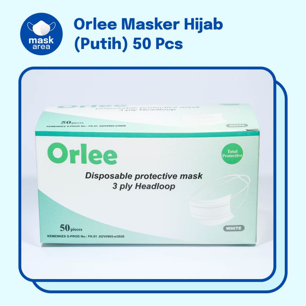 Jual Masker Orlee Headloop (Hijab) Putih Non-Medis 3 Ply 50 Pcs (Box ...