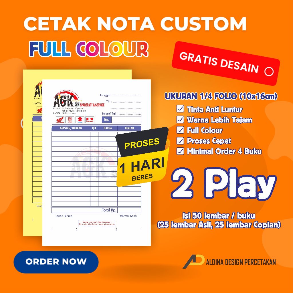 Jual Nota Custom satuan 2 ply Ukuran 1/4 folio Full Colour warna lebih ...