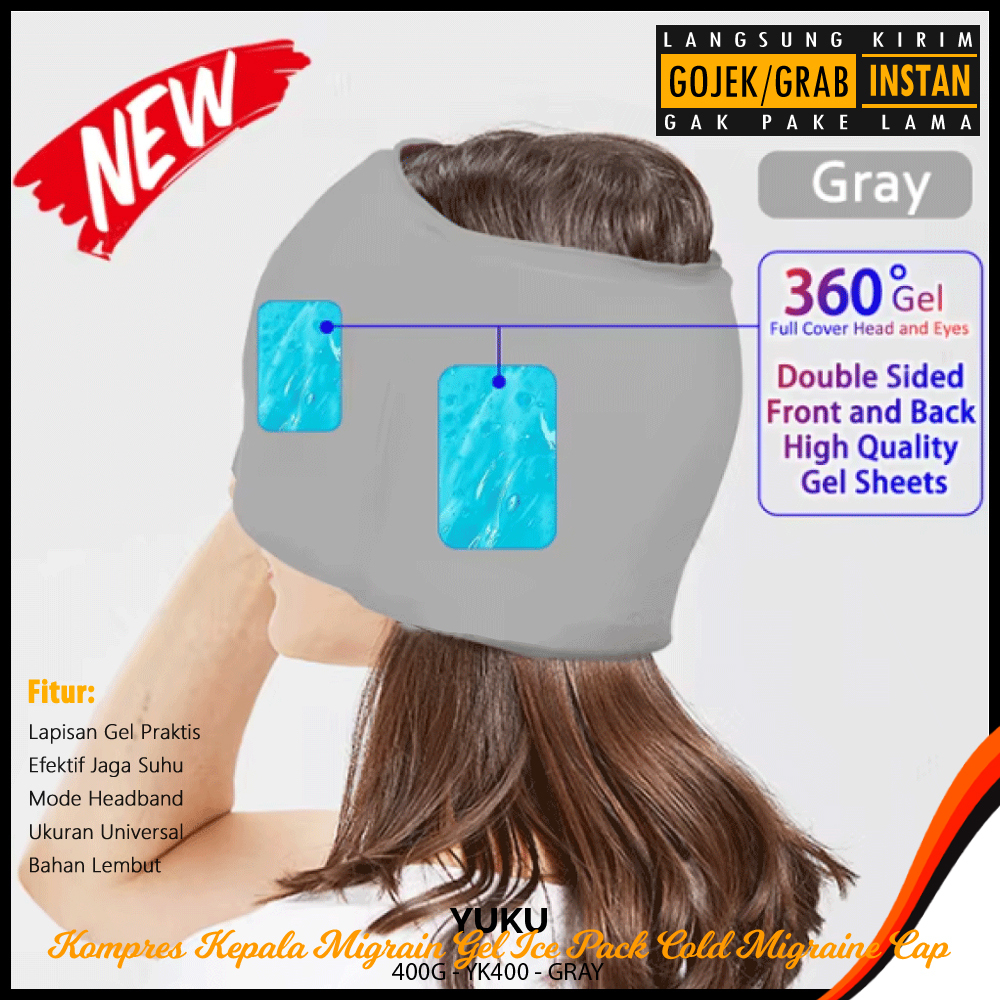 Jual YUKU Kompres Kepala Migrain Gel Ice Pack Cold Migraine Cap 400g ...