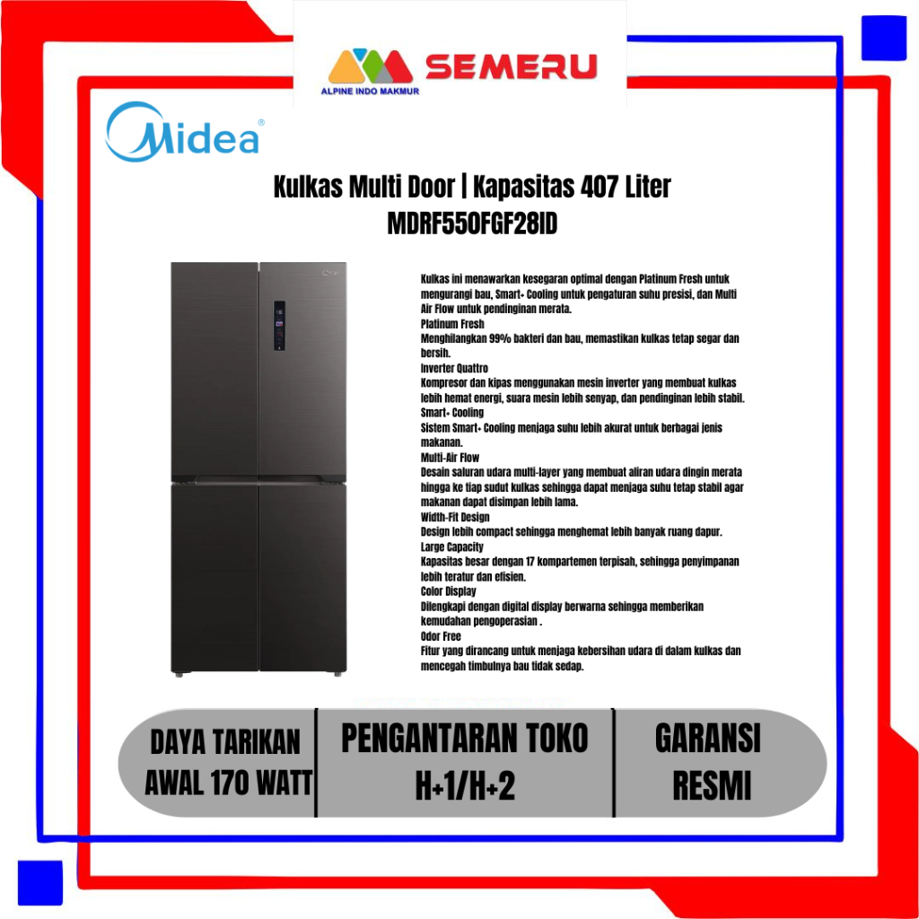 Jual MIDEA KULKAS 4 PINTU SIDEY BY SIDE MULTI DOOR INVERTER / 407 L ...