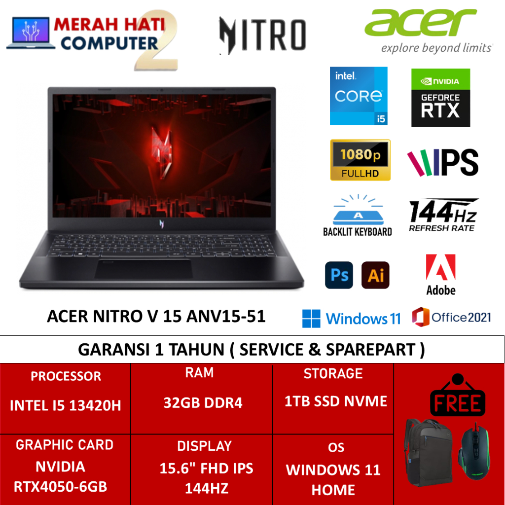 Jual Laptop Gaming Acer Nitro V 15 ANV15 Intel I5 13420H 32GB DDR5 1TB ...