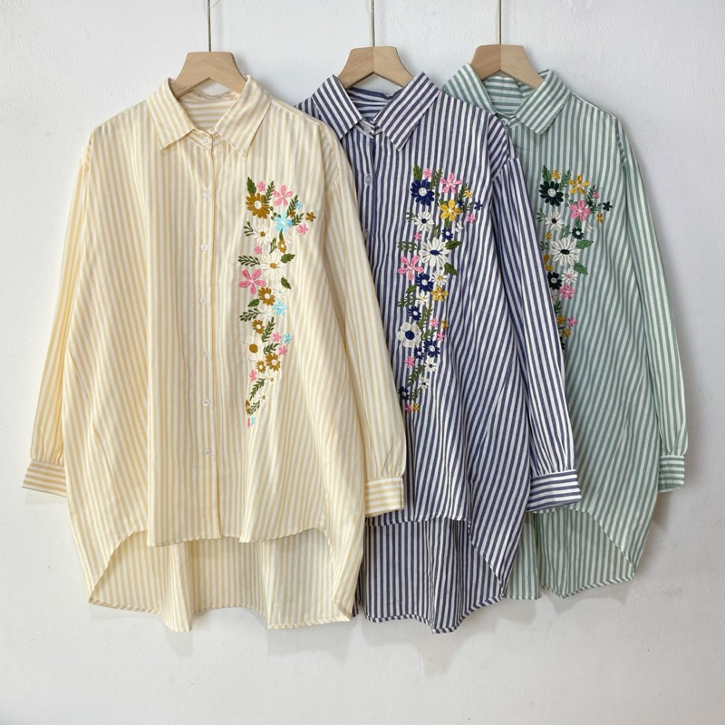 Jual Kiran Shirt LD 120 Kemeja Salur Bordir Atasan Wanita Kekinian Katun Oversize | Shopee Indonesia