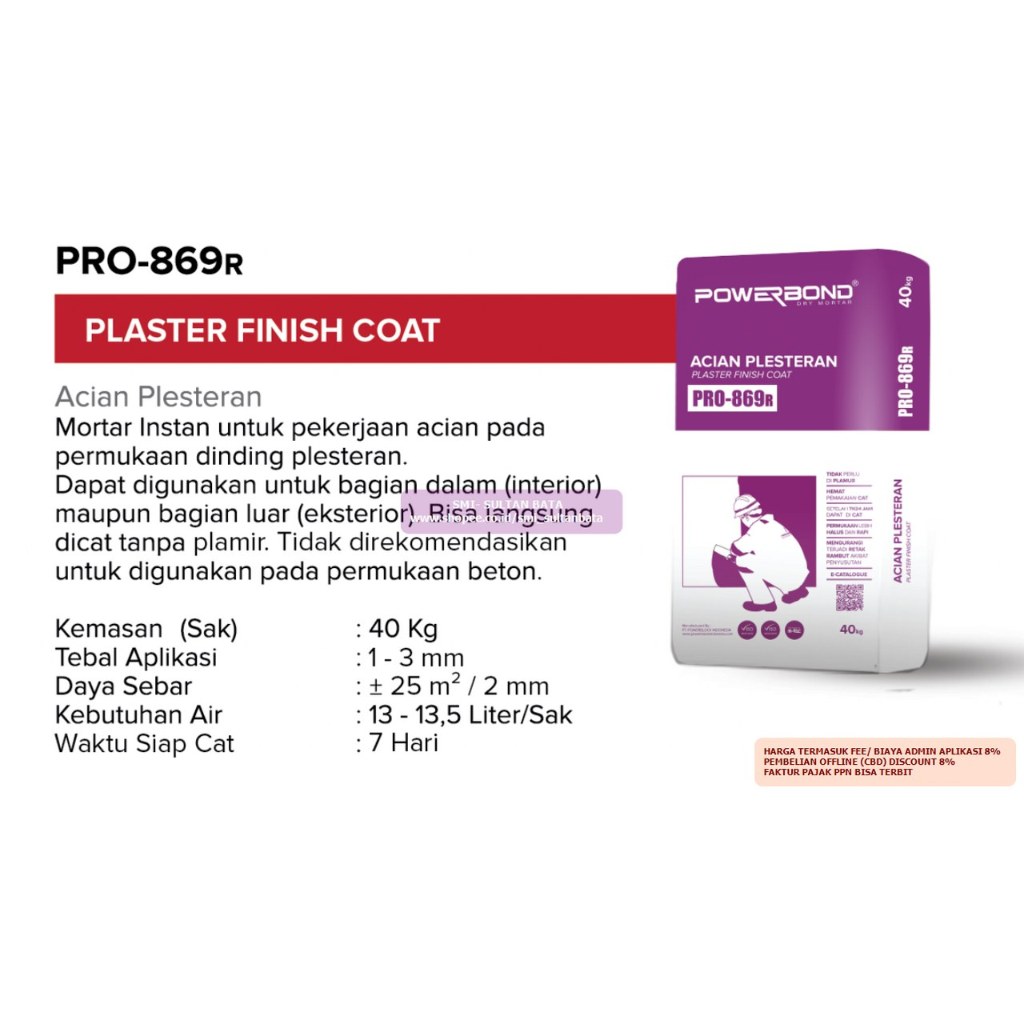 Jual SEMEN ACIAN PREMIUM (PLASTER FINISH COAT) MORTAR POWERBOND PRO-869 ...