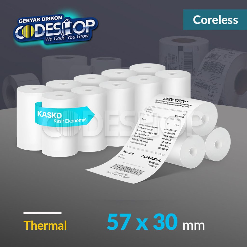 Jual Kertas Thermal 57x30 mm Termal Paper Roll 57 x 30 Codeshop ...