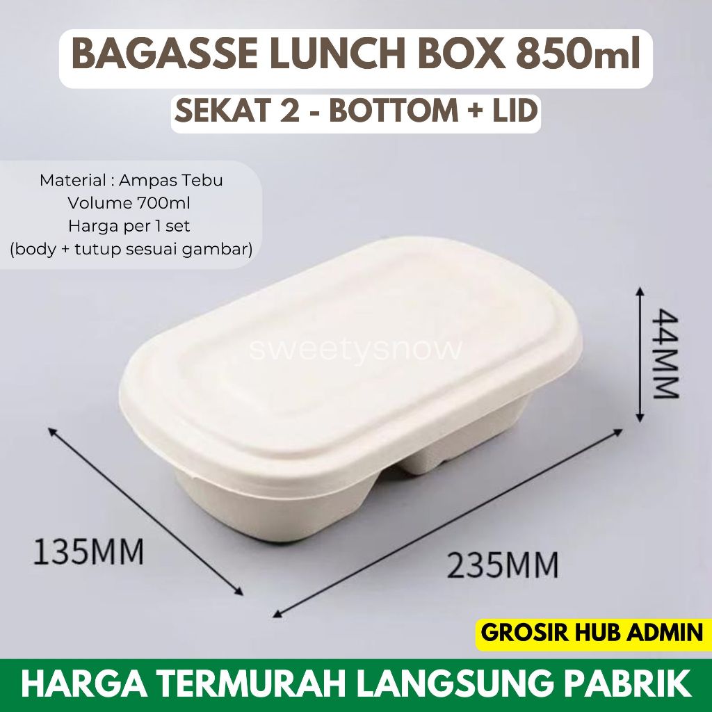 Jual Bagasse Lunch Box 850mL Sekat 2 - BOTTOM + LID / Kemasan Eco Friendly / Kotak Makan Eco ...
