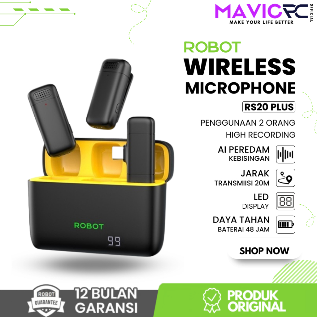 Jual ROBOT RS20 Plus Microphone Clip Wireless Lavalier with AI 20m for Audio/Video/Recording ...