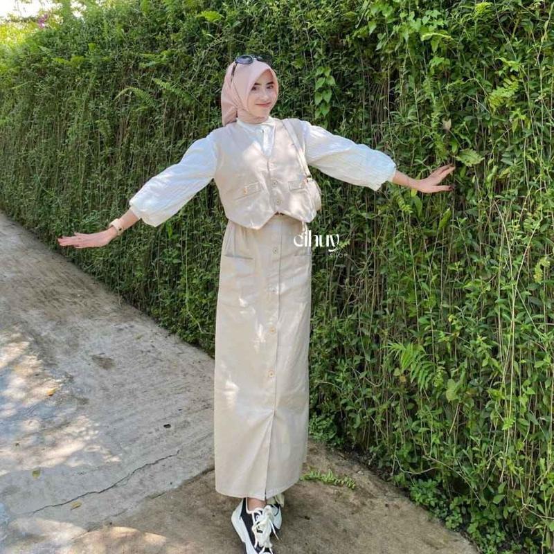 Jual [CIHUY] - FREE BELT Lena One Set Vest Dan Long Skirt Button Wanita ...