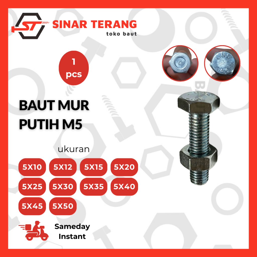 Jual Baut Dan Mur Besi Putih M5 10MM - 50MM - Baut Putih Kunci 8 - Baut Galvanis - Bolt Nut ...