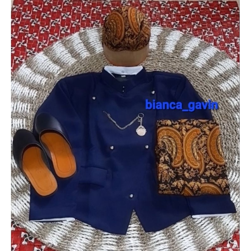 Jual [1 Set] Beskap Solo Navy + Jarik Instan + Blangkon + Selop ...
