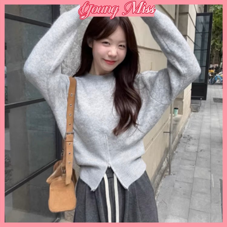 Jual youngmiss Niche Pakaian Rajut Serbaguna Sweater Warna Solid Longgar Pakaian Rajut Lengan ...