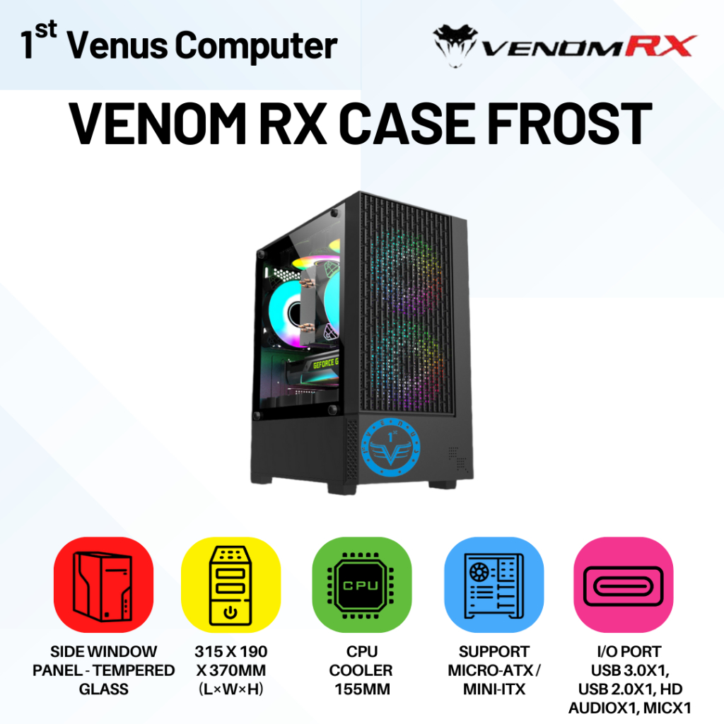 Jual VenomRX FROST Tempered Glass M-ATX Gaming Case /VenomRX Frost Black M-ATX + 2 Fan 12cm RGB ...