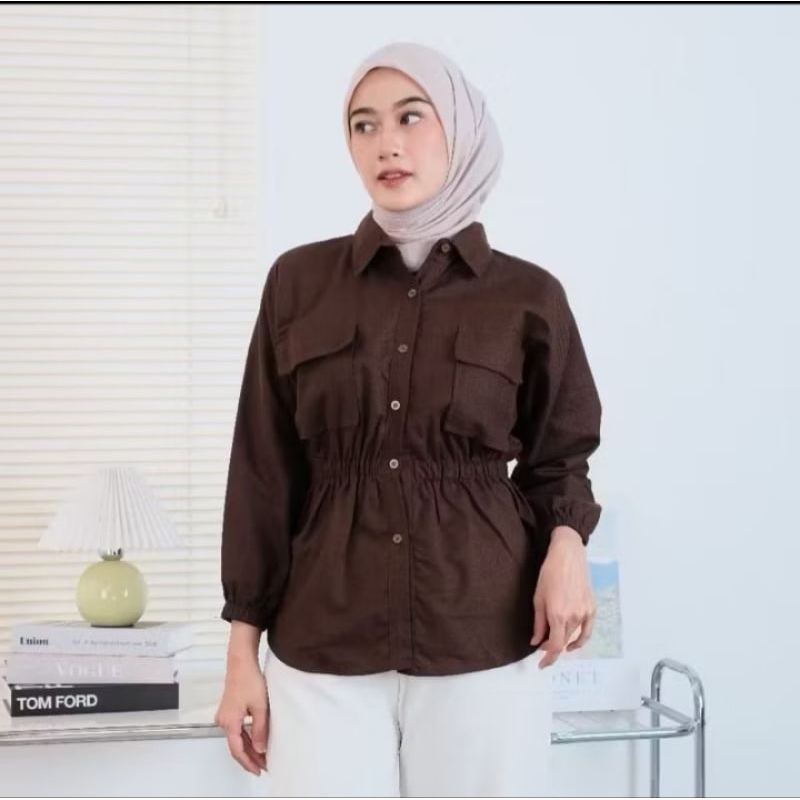 Jual Beena Shirt Linen - Atasan Top Wanita Blouse Casual Modern Kantong ...