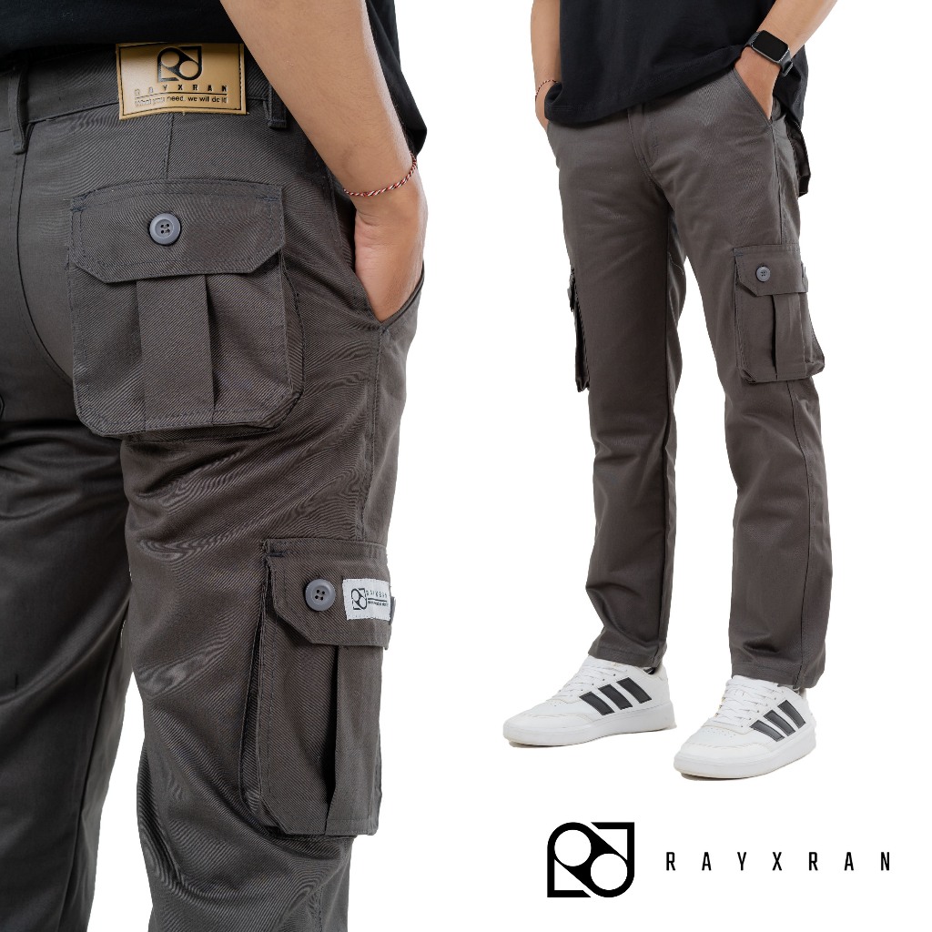 Jual RAYXRAN Celana Cargo Panjang Pria Basic Abu Slimfit | Shopee Indonesia