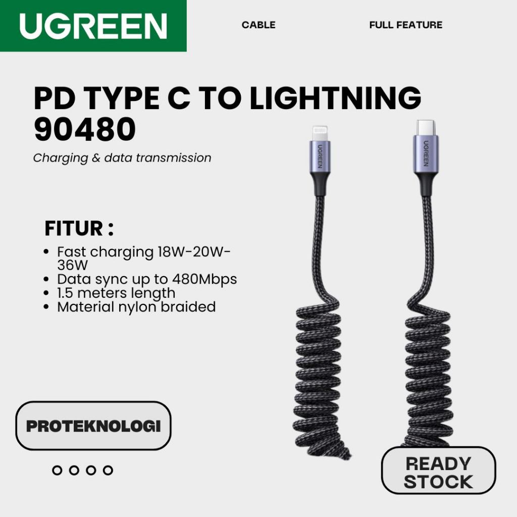 Jual UGREEN 90480 USB C to Lightning Coiled Cable 1.5M Kabel Data Type ...
