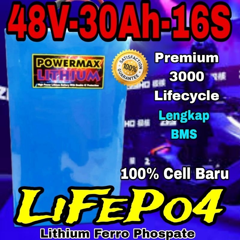 Jual Baterai LiFePo4 48V 30AH Premium Cell 3000 lifecycle Powermax Pengganti Aki Sepeda Listrik ...