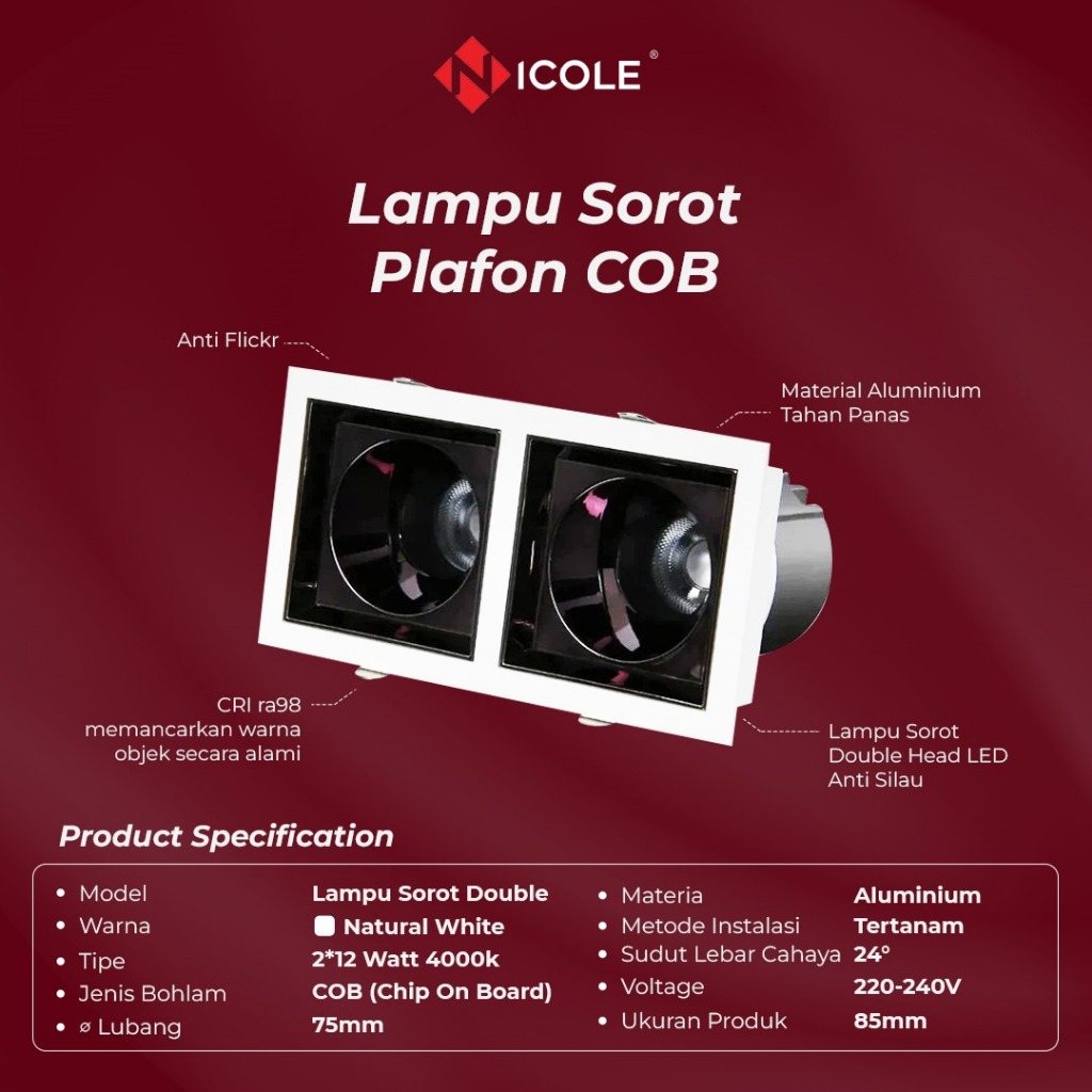 Jual Nicole Lampu COB Double Head S02 LED Spotlight CRi 98 / Lampu ...