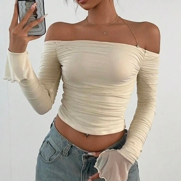 Jual [Premium] 99kOUTLET Atasan Blouse Cropped Kerut Off Shoulder Neck ...