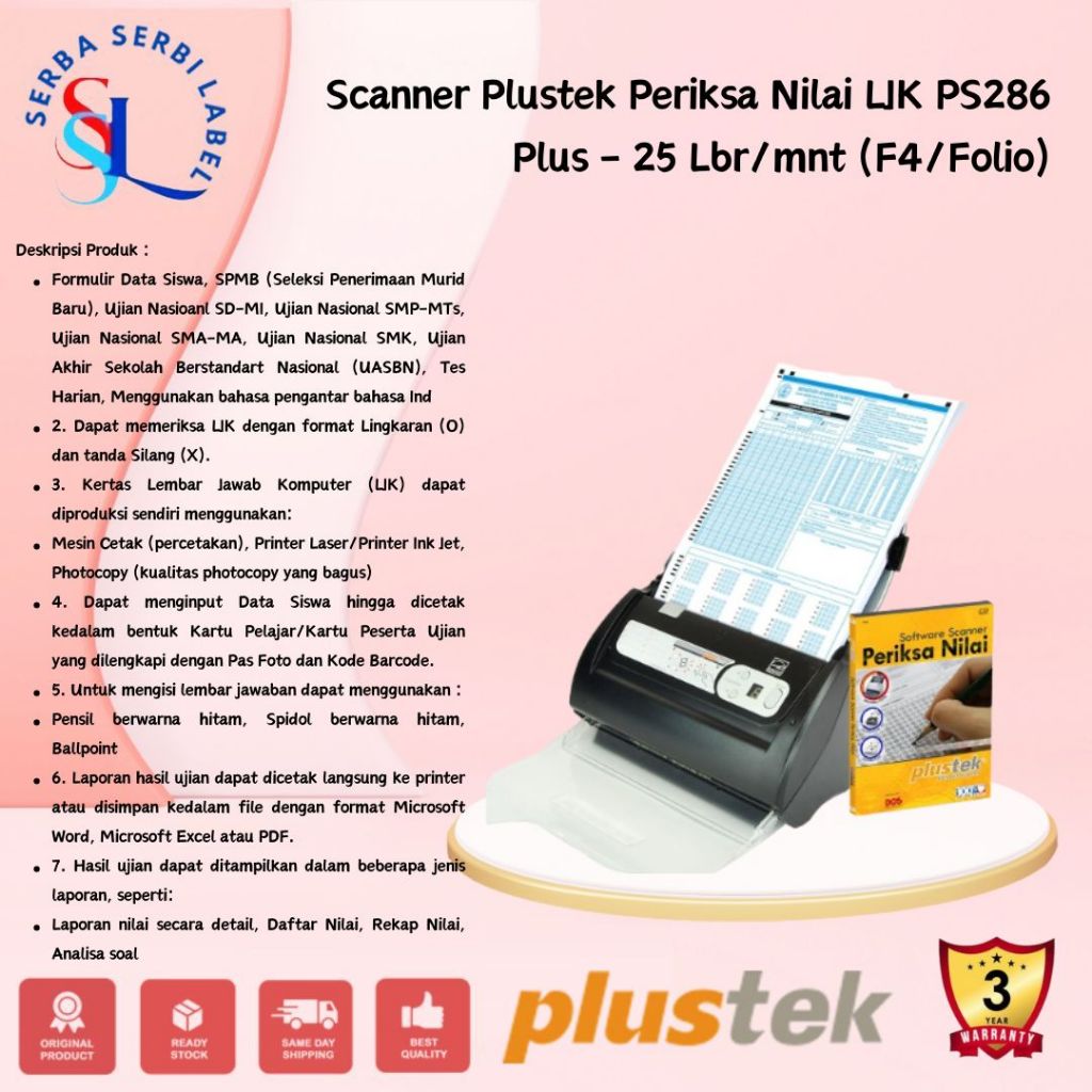 Jual Scanner Plustek Periksa Nilai LJK PS286 Plus - 25 Lbr/mnt (F4 ...