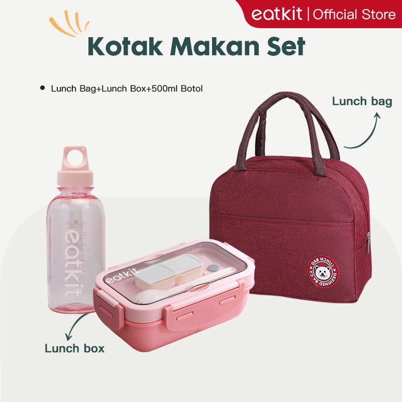Jual Eatkit Paket 3 In 1 Kotak Makan + Tas Bekal + Botol Minum I 3 In 1 Lunch Box Set | Shopee ...