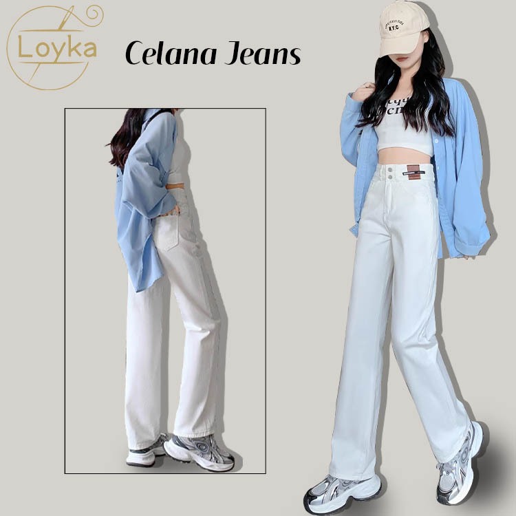 Jual Loyka Celana Jeans Putih Wanita Bergaya Retro: High-Waist & Wide ...