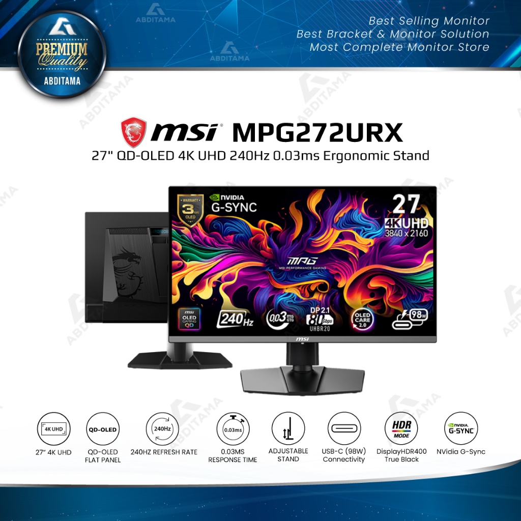 Jual Monitor OLED MSI MPG272URX QD-OLED 27" QD-OLED 4K UHD 240Hz 0.03ms HDMI 2.1x2 DP2.1ax1 USB ...