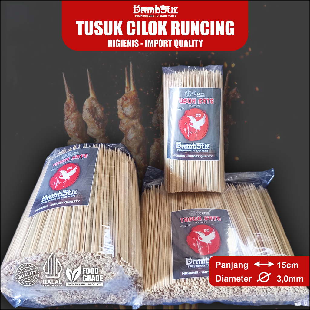 Jual Tusuk Sate Cilok Panjang 15cm Diameter 3,0mm Runcing BAMBSTIX ...