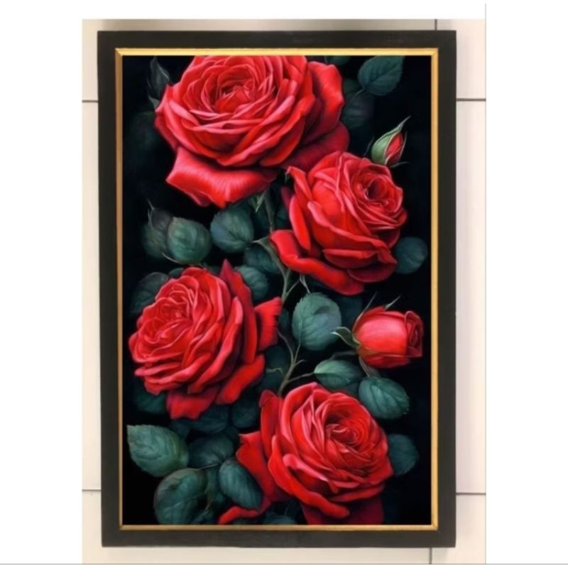 Jual hiasan dinding lukisan cetak gambar bunga mawar merah plus bingkai ...