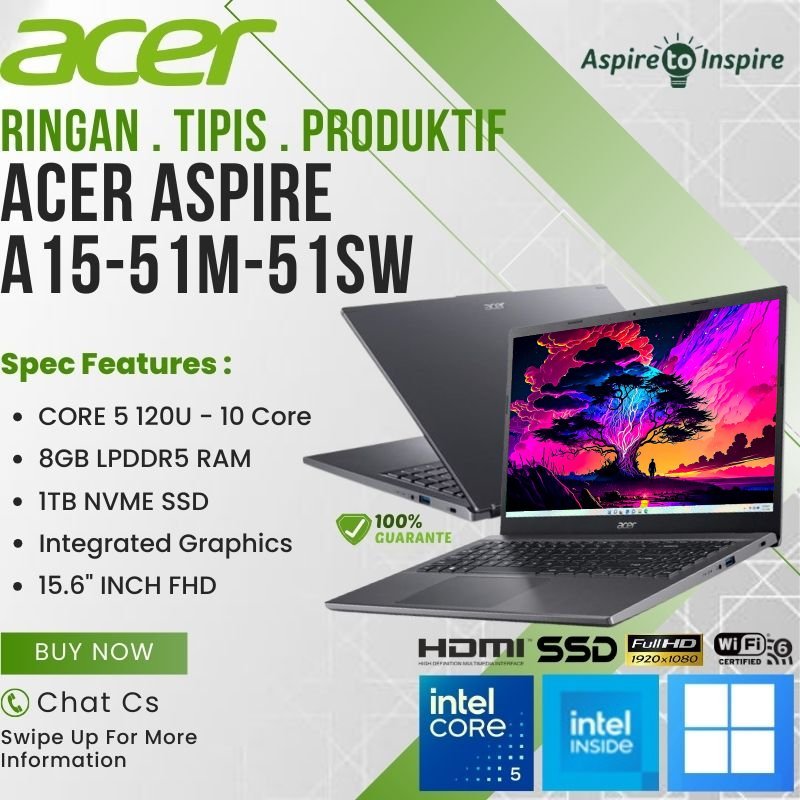 Jual ACER Laptop Aspire 15 A15-51M Intel Core 5 120U Ram 8Gb DDR5 Ssd ...