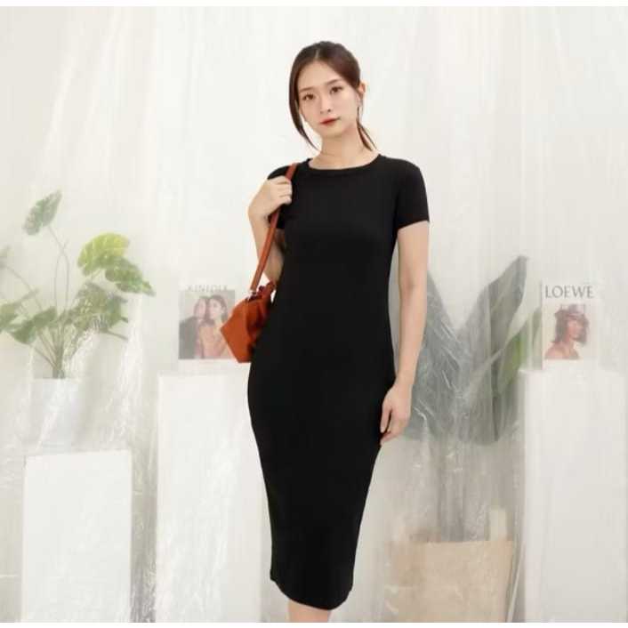 Jual Dress Basic Midi Dress knit rib Elegant Dress rajut Korean style ...