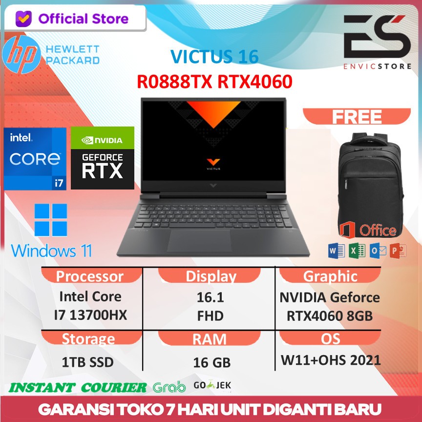 Jual HP VICTUS 16 R0888TX CORE I7 13700HX RTX4060 32GB 1TB W11 OHS 16.1 ...