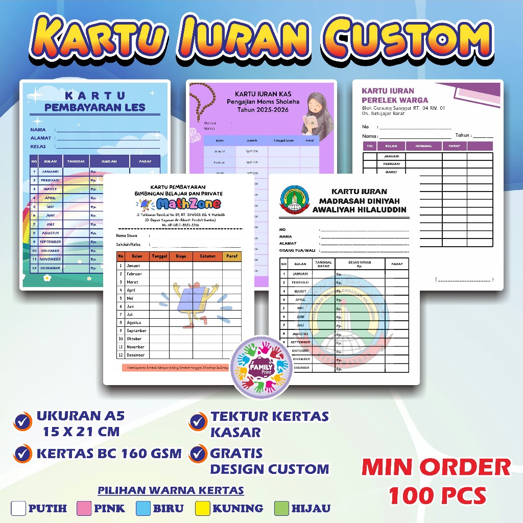 Jual KARTU IURAN RT WARGA ( CUSTOM ) / KARTU SPP / KARTU INFAQ / KARTU BIMBEL / KARTU BAYARAN ...