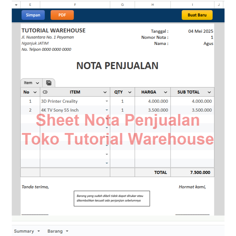 Jual Template GSheets Nota Penjualan Otomatis Simpan ke Sheet Rekap dan ...