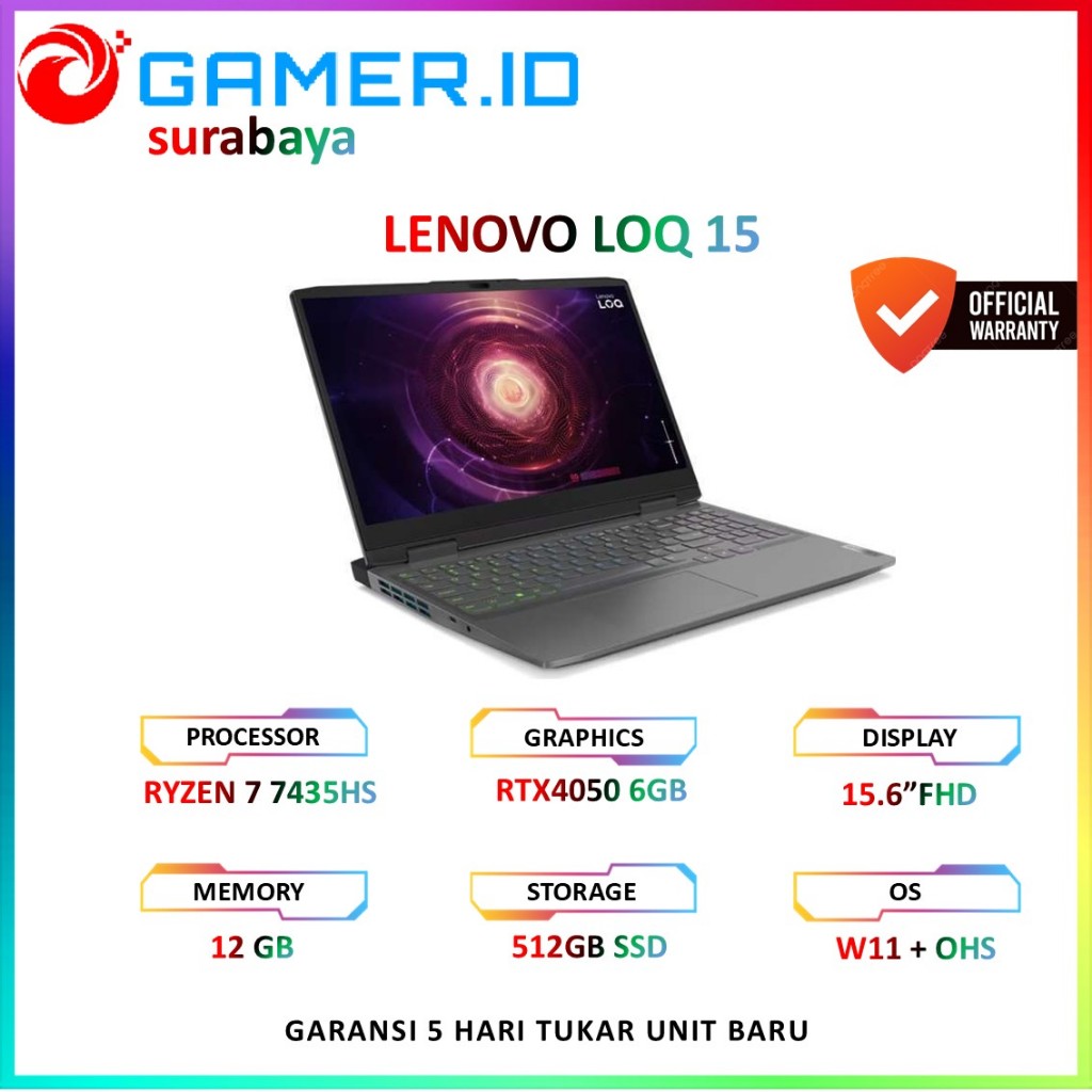 Jual LENOVO LOQ 15 RYZEN 7 7435HS RTX4050 6GB/ 12GB 512GB 15.6FHD 144HZ 100SRGB | Shopee Indonesia