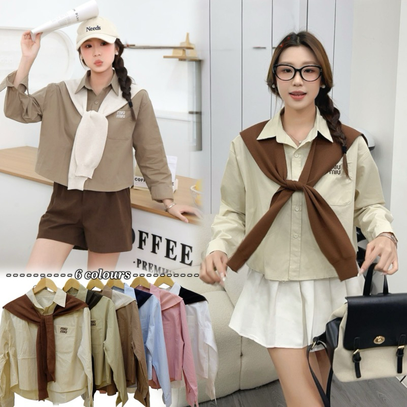 Jual ( Etherr ) 24008-7 Miu Olop Kemeja Syal Crop 2in1 Salur Katun Bkk Import Top Formal Casual ...