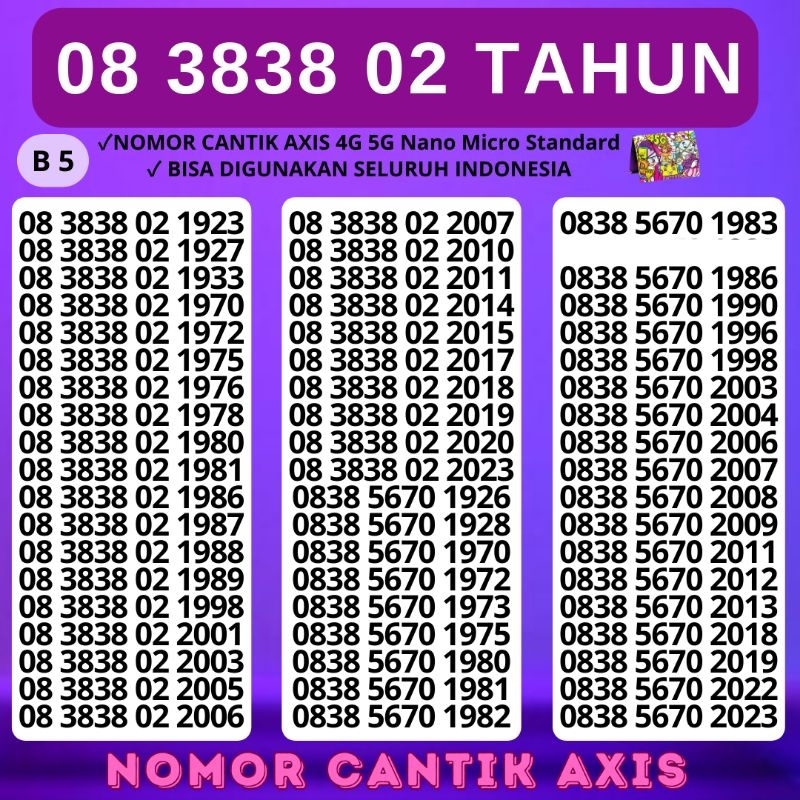 Jual Nomor Cantik Axis Axiata 4G 5G Kartu Perdana Axis Cantik Tahun Lahir 3838 333 | Shopee ...