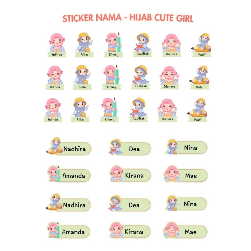 Jual STICKER NAMA CUSTOM WATERPROOF - HIJAB CUTE GIRL 30 pcs/STICKER ...