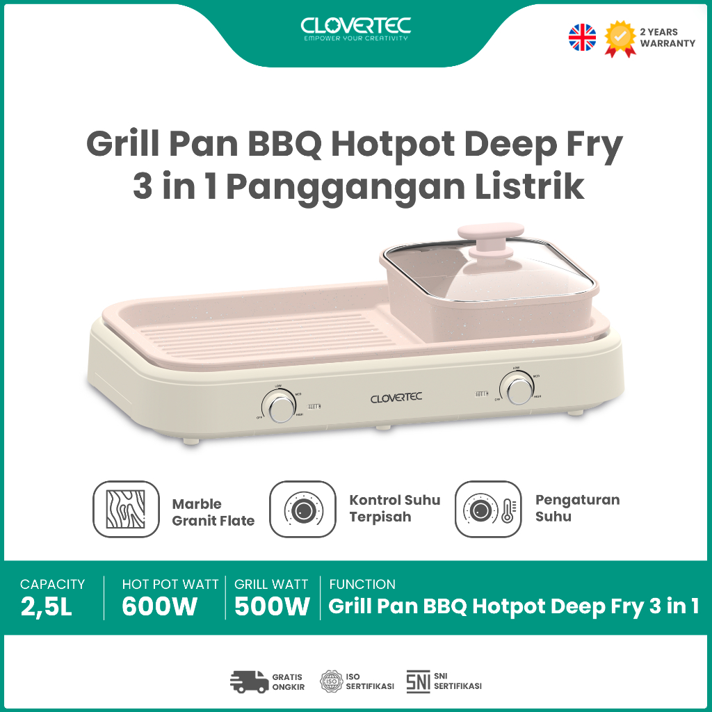 Jual CLOVERTEC Panggangan Listrik Grill Pan BBQ Hotpot 3 in 1 Granite ...