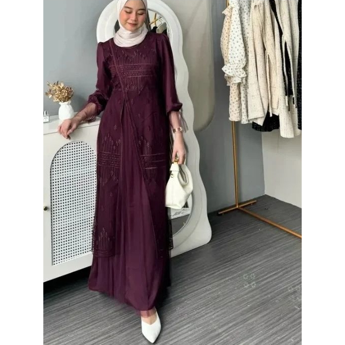 Jual kinar dress lebaran 2025 warna burgandy gamis burkat tille dress pesta kondangan mewah ...